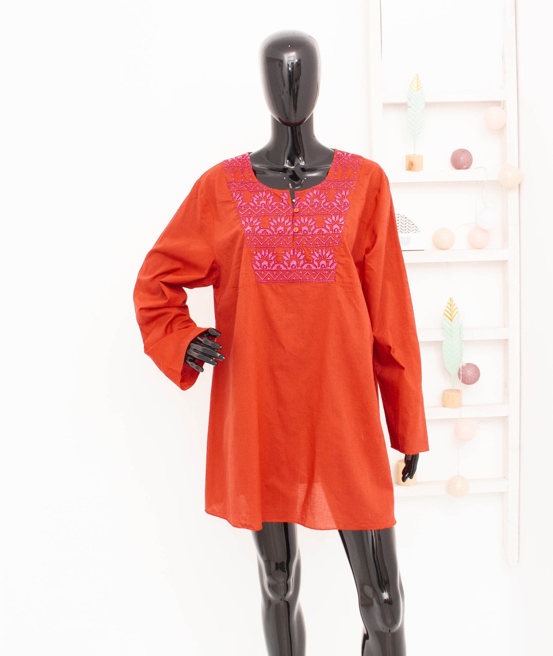 Gudrun Sjoden Tunic Embroidered Firebrick Cotton Longline Blouse ...