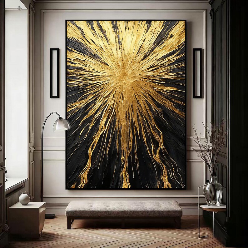 Gold Burst Abstract Canvas Painting, Black Textured Luxury Statement ...