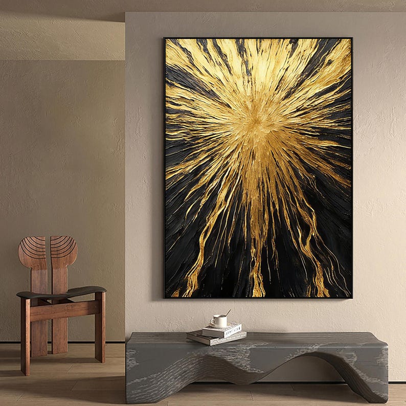 Gold Burst Abstract Canvas Painting, Black Textured Luxury Statement ...