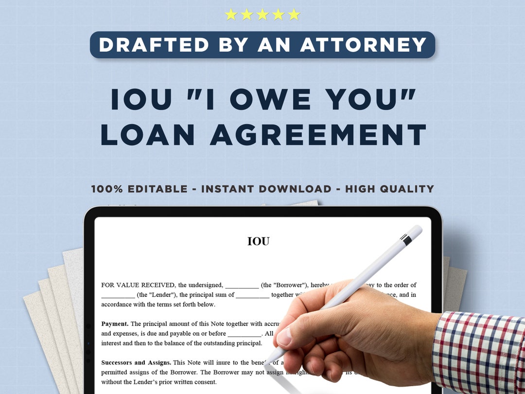 IOU i Owe You Loan Agreement Contract PRINTABLE and EDITABLE Legal Form ...