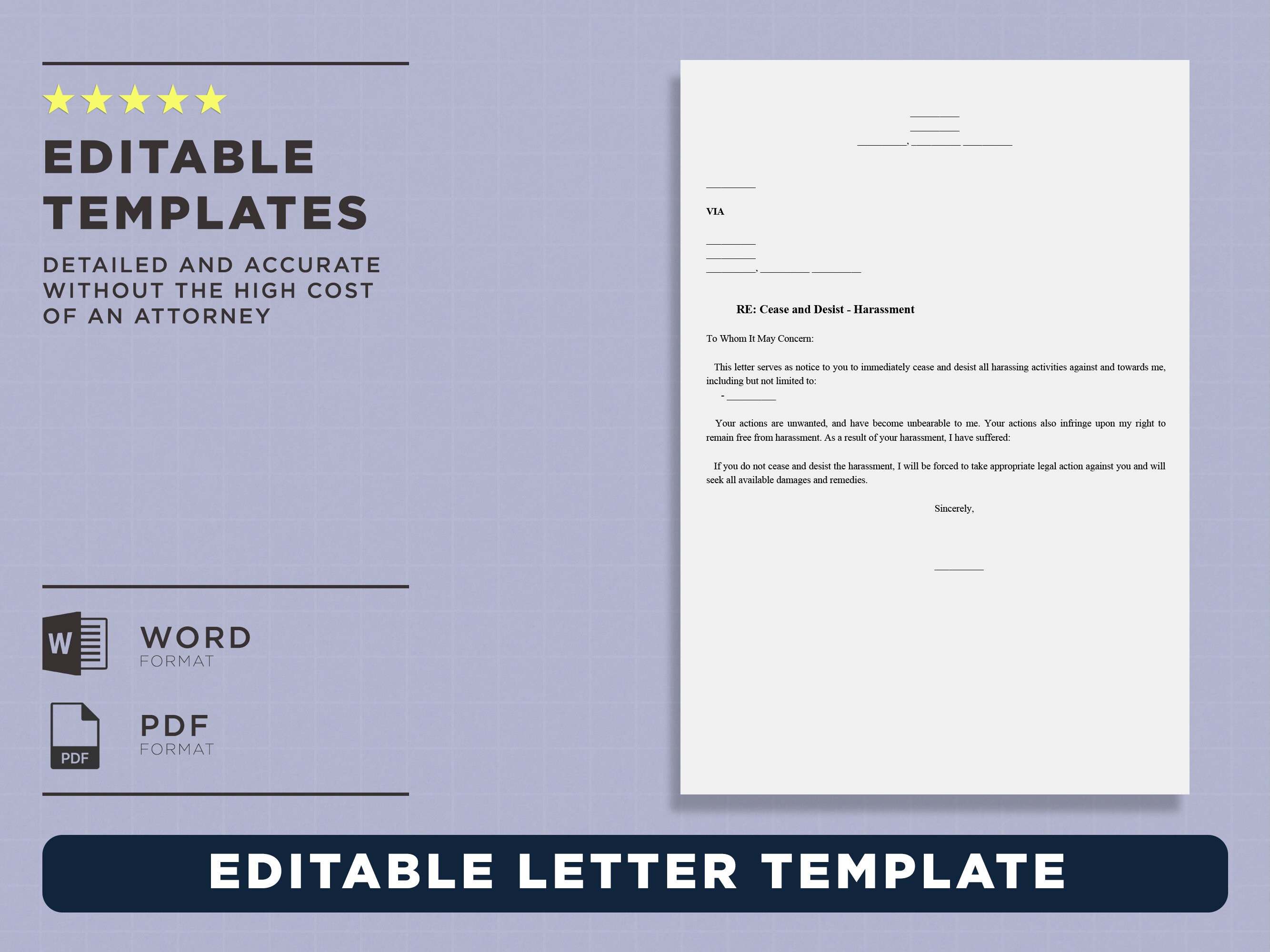 Cease and Desist Letter – Harassment PRINTABLE and EDITABLE Legal ...