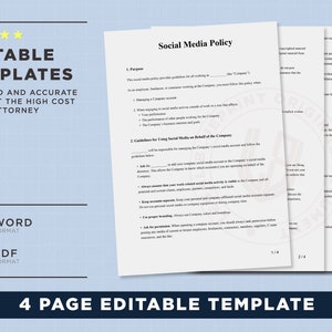 Social Media Policy PRINTABLE and EDITABLE Legal Form Document Template ...