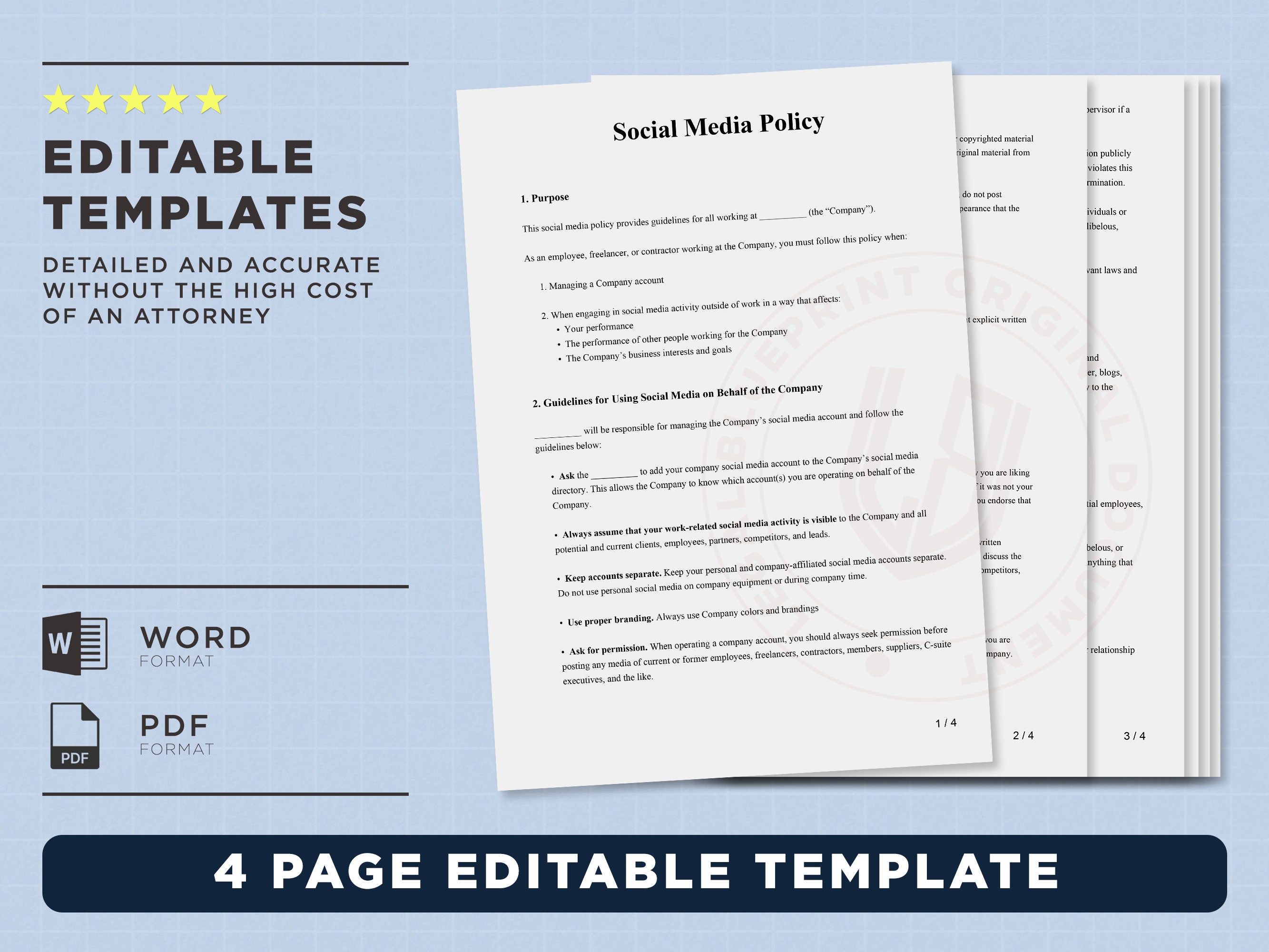 Social Media Policy PRINTABLE and EDITABLE Legal Form Document Template ...