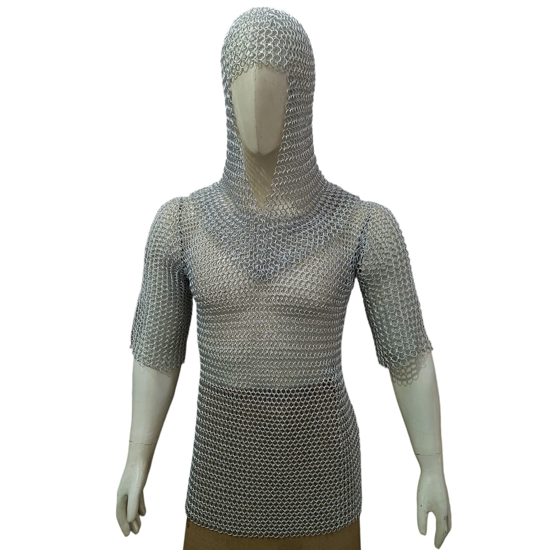 Medieval Chainmail Shirt With Coif Half Sleeves Aluminum Butted Ring Handmade Cosplay Costume ...