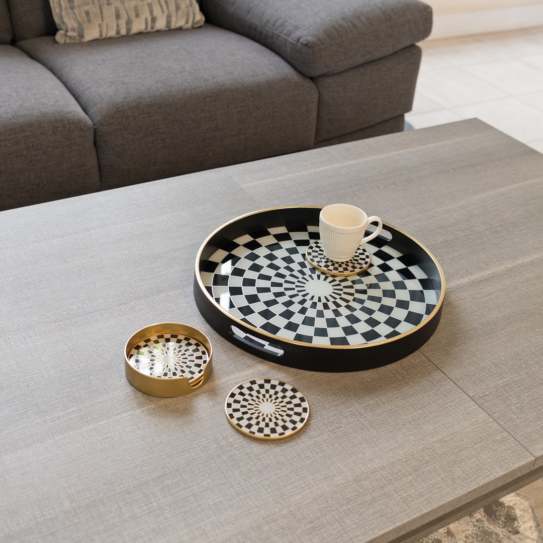 Small Circular Black White Tray With Chequer Design Round Gift Home ...
