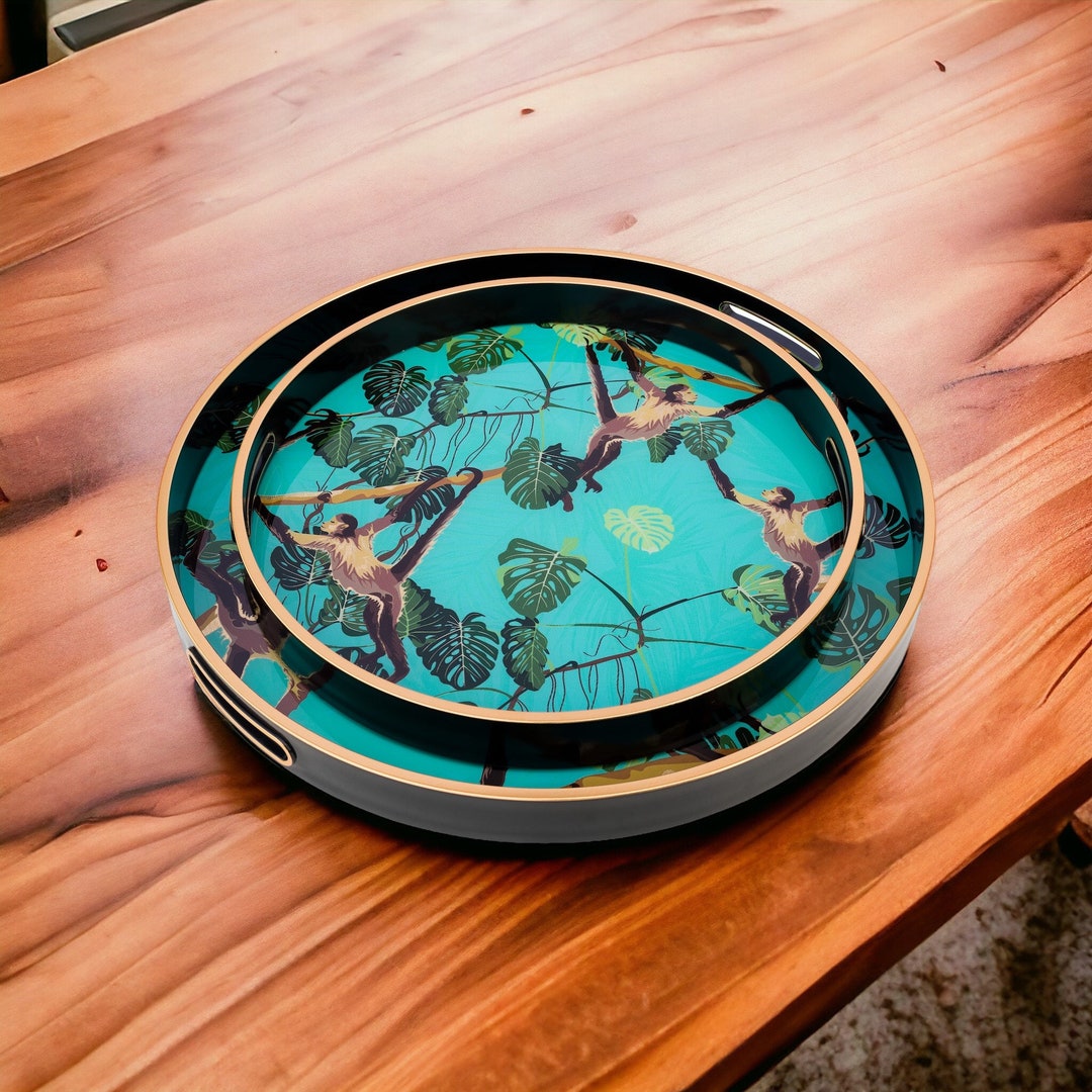 Set of Two Monkey Design Serving Trays Dinner Party Tray With Handles ...