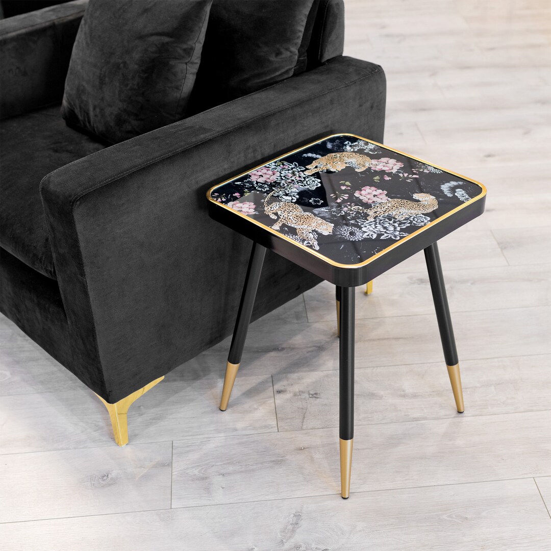 Leopard Design Glass Top Square Side Table With Black Metal Legs Sofa ...