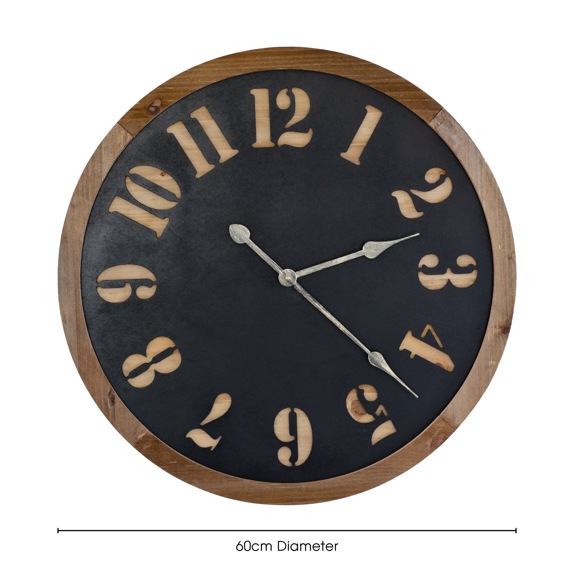 Round Wooden Rustic Black Face With Cut Out Detail Wall Clock - Etsy