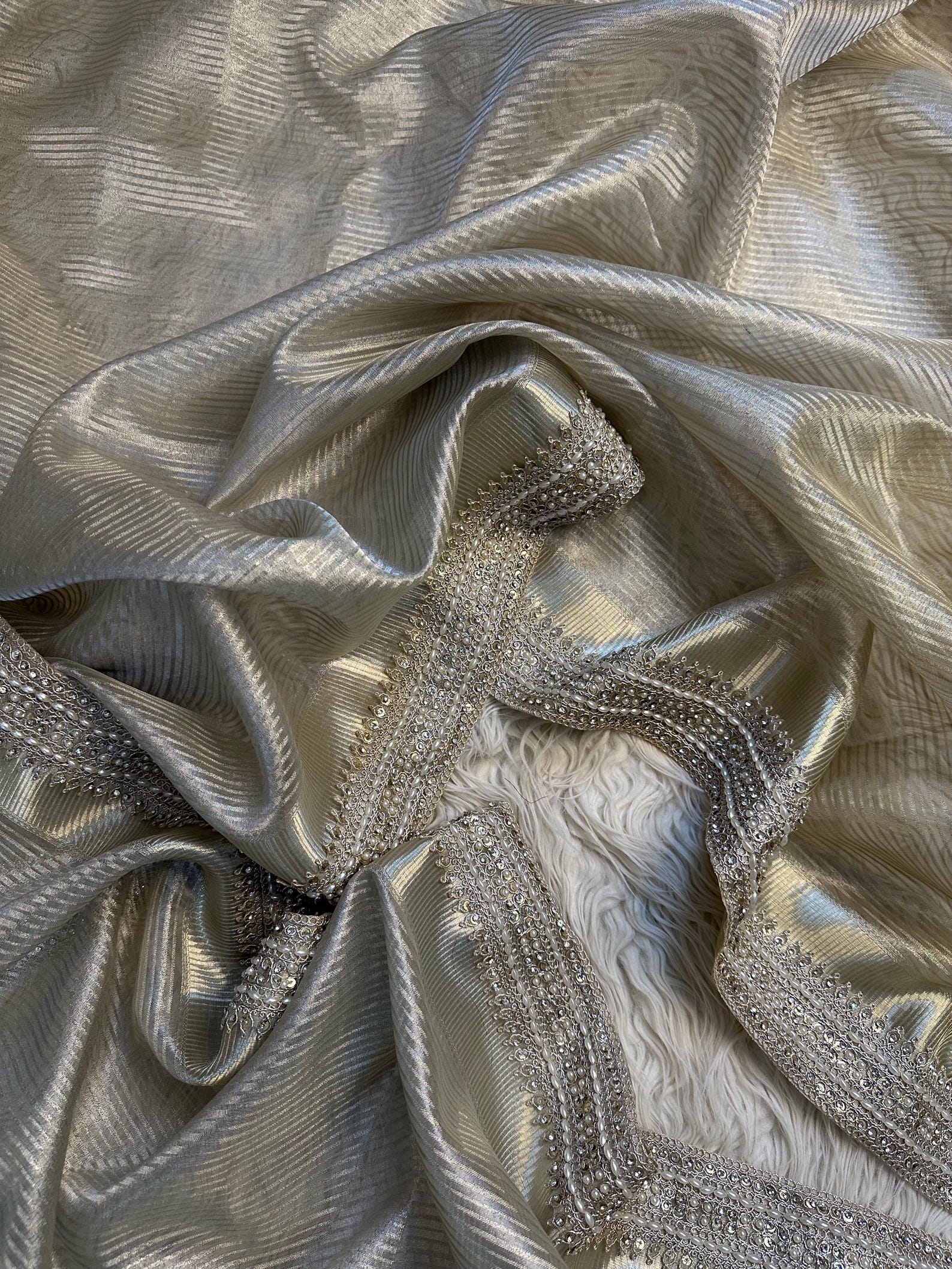 Silver Tissue Saree Hand Lace Attached Banarasi Saree for Women ...