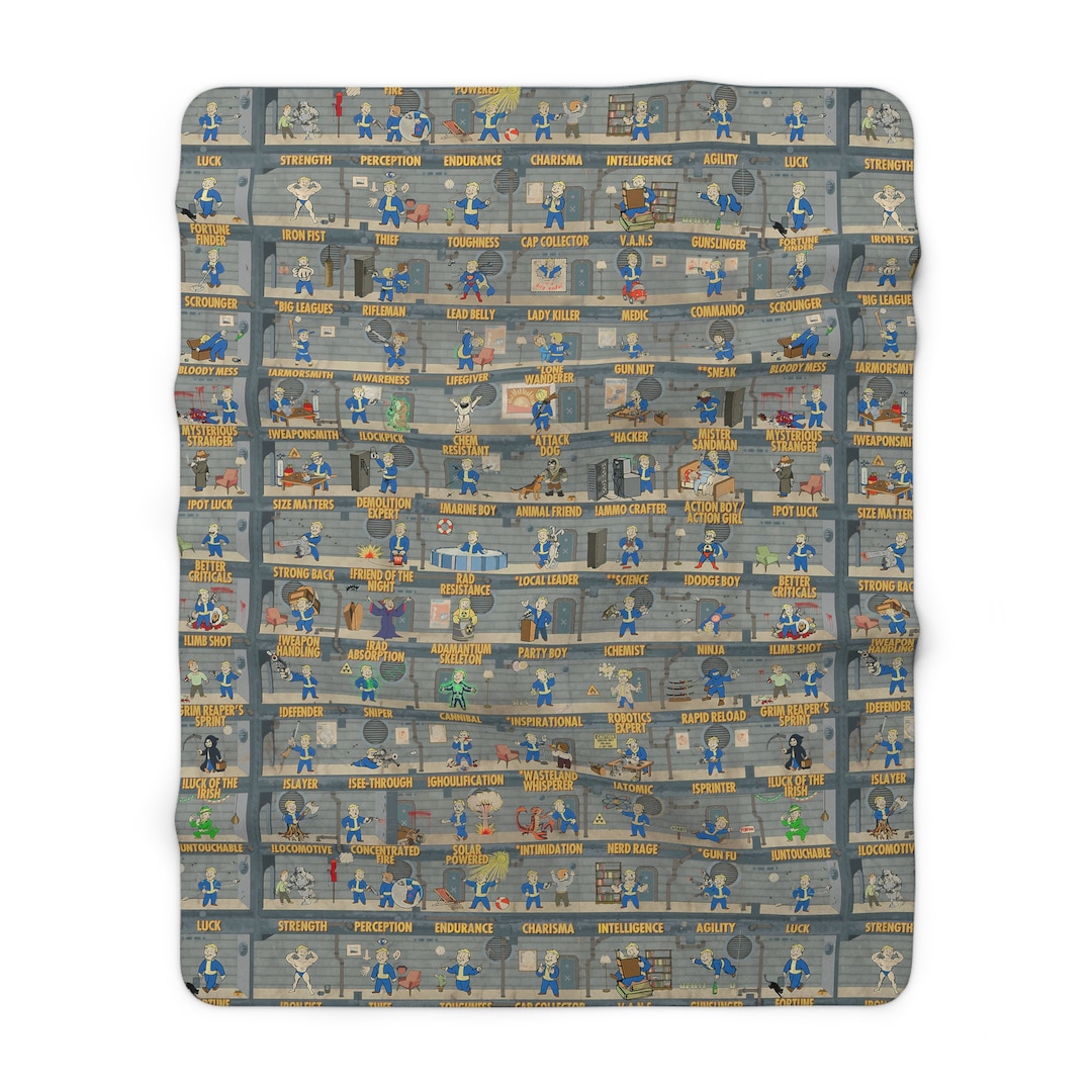 Fallout Vault Boy Perk List Sherpa Fleece Blanket - Etsy