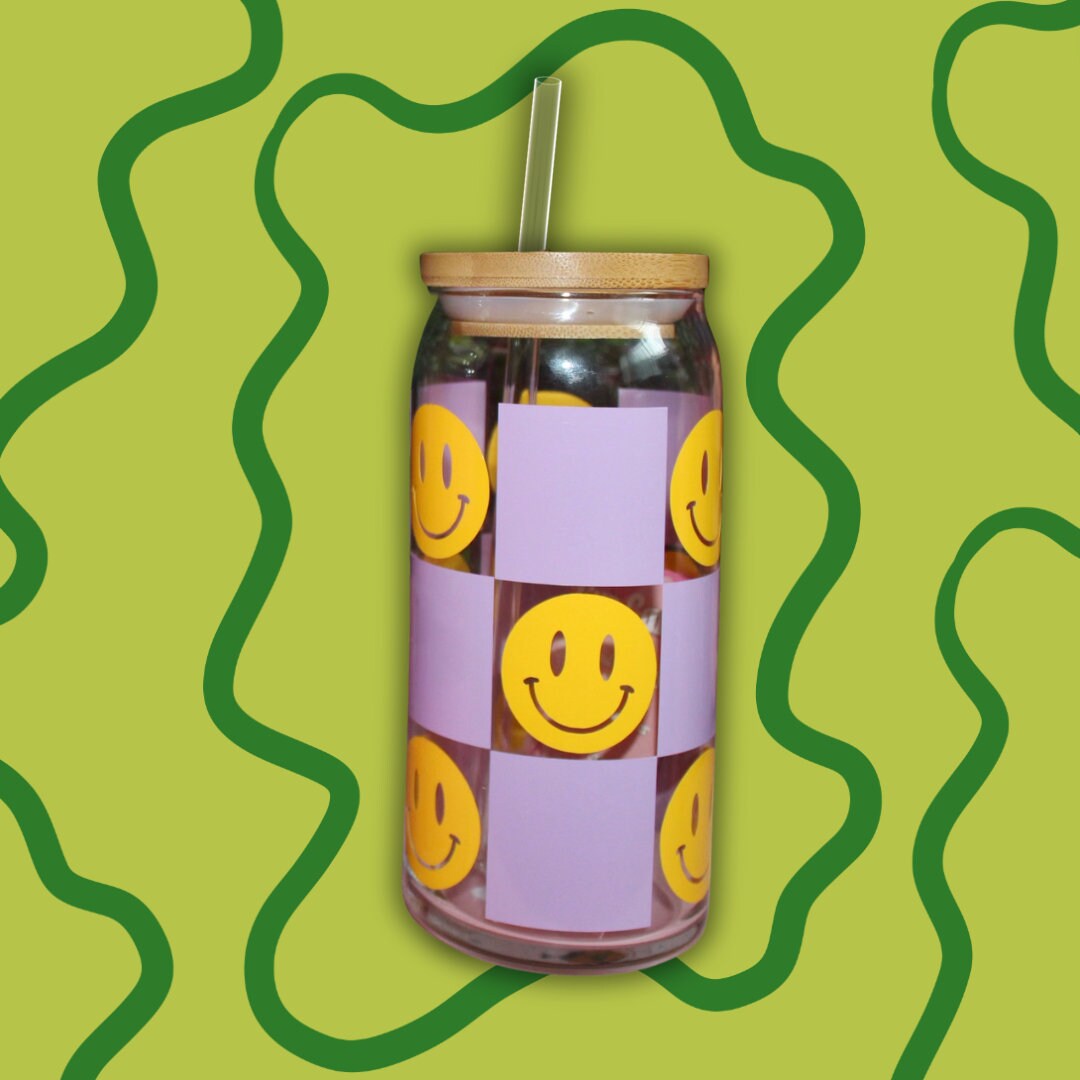Smiley Face Cup Purple Checkers Beer Can Glass With Bamboo Lid and ...