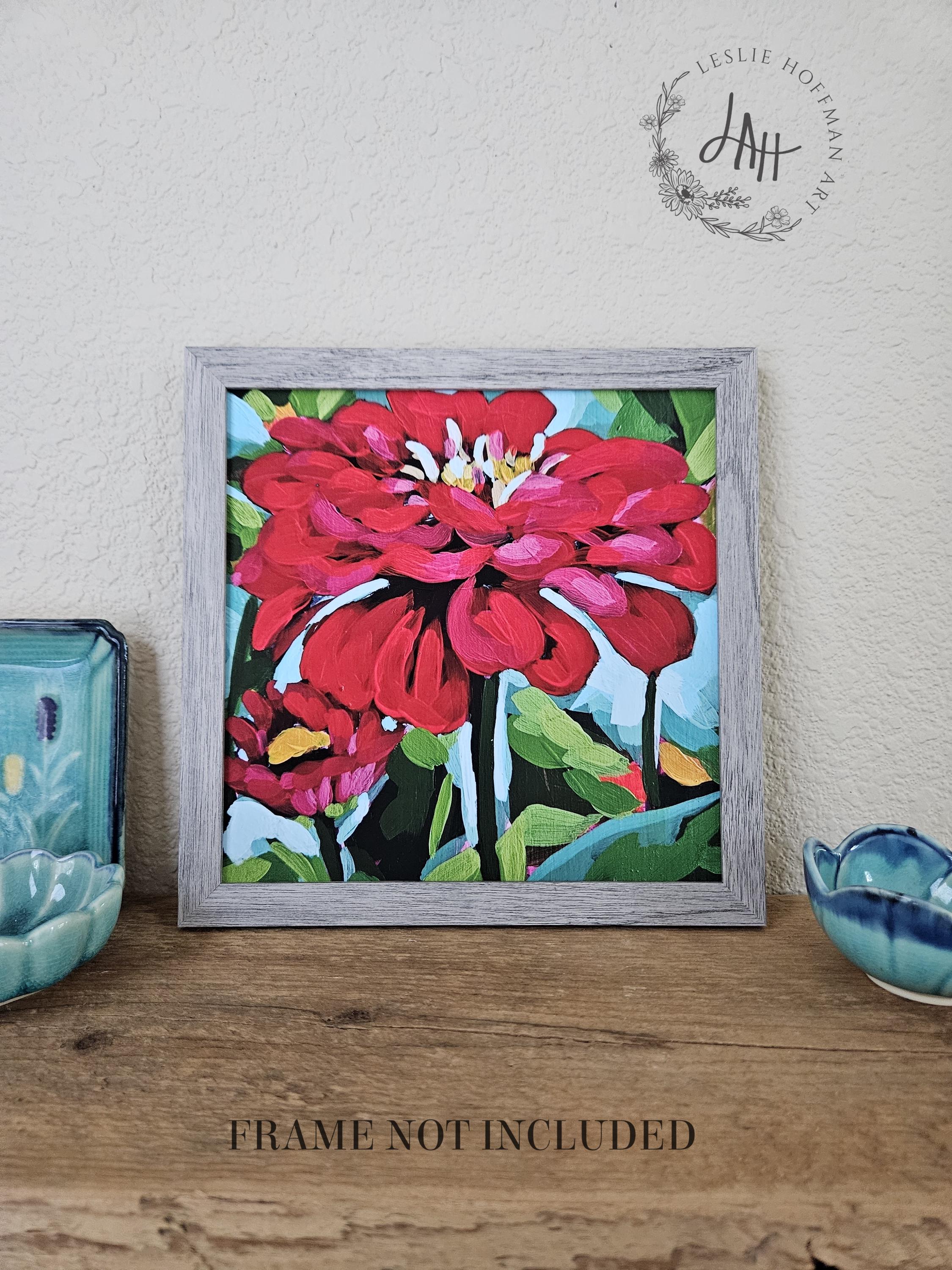 Zinnia Art Print, Red Zinnia Painting, Flower Art, Original Artwork ...