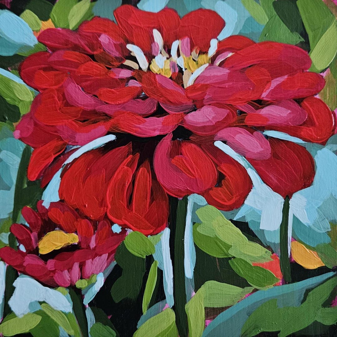 Zinnia Art Print, Red Zinnia Painting, Flower Art, Original Artwork ...