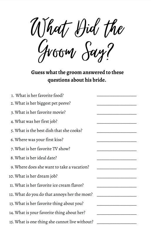 What Did the Groom Say? Bridal Shower/party Game, Game Sheets, 2 per ...