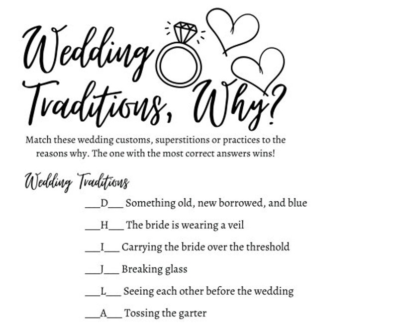 Wedding Traditions, Why? Matching Bridal Shower/party Game, Game Sheets, 2 per Page, Answer Key ...