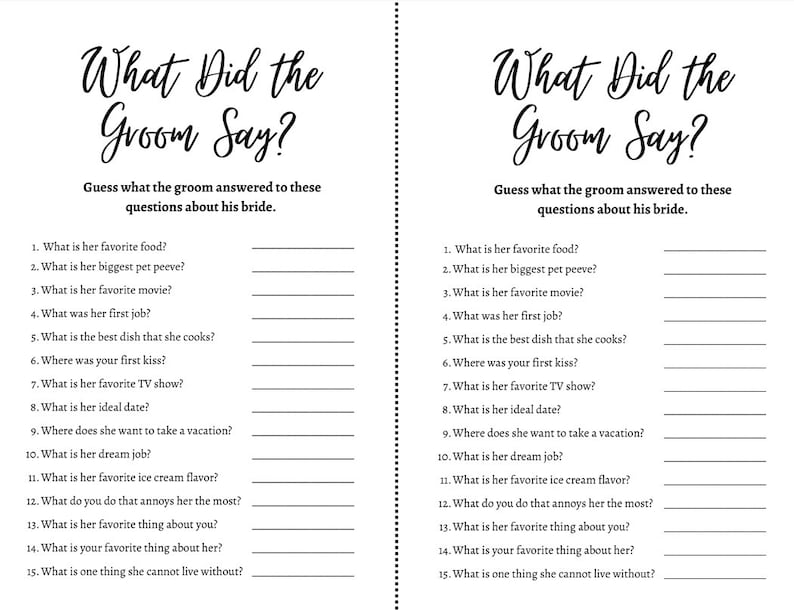 What Did the Groom Say? Bridal Shower/party Game, Game Sheets, 2 per ...