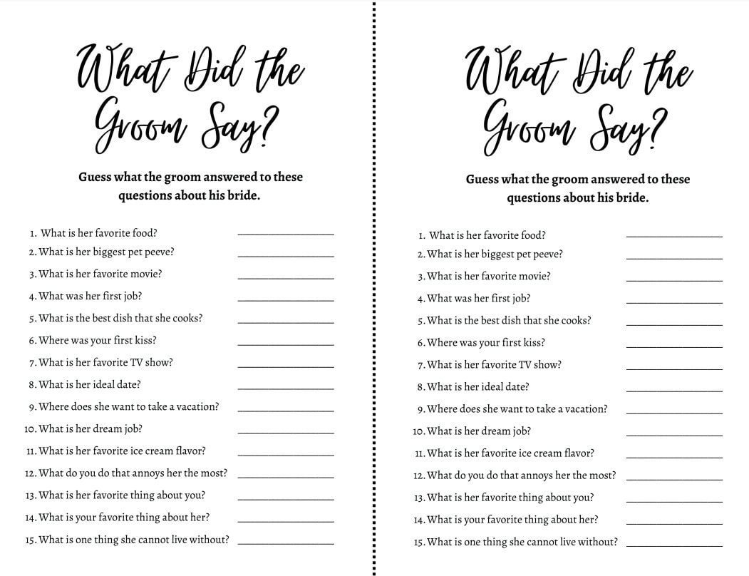 What Did the Groom Say? Bridal Shower/party Game, Game Sheets, 2 per ...