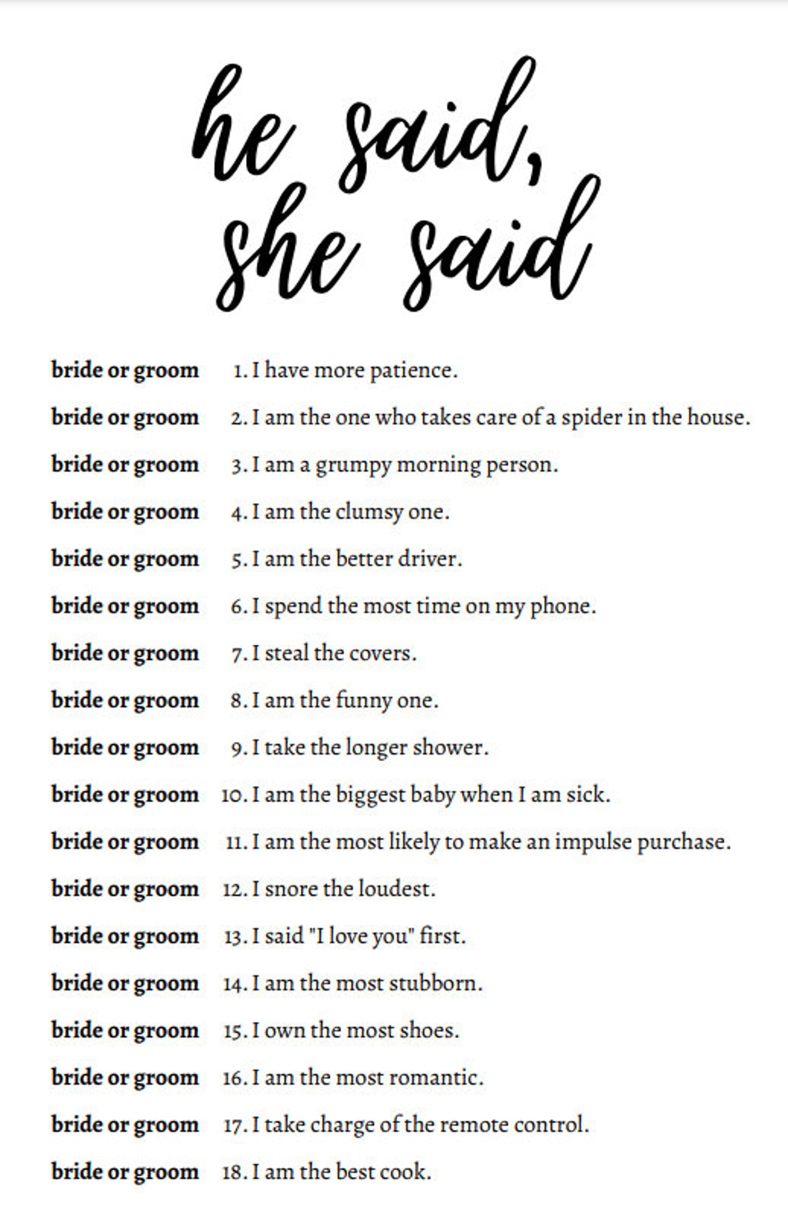 He Said, She Said Bridal Shower/party Game, Printable Game Sheets ...