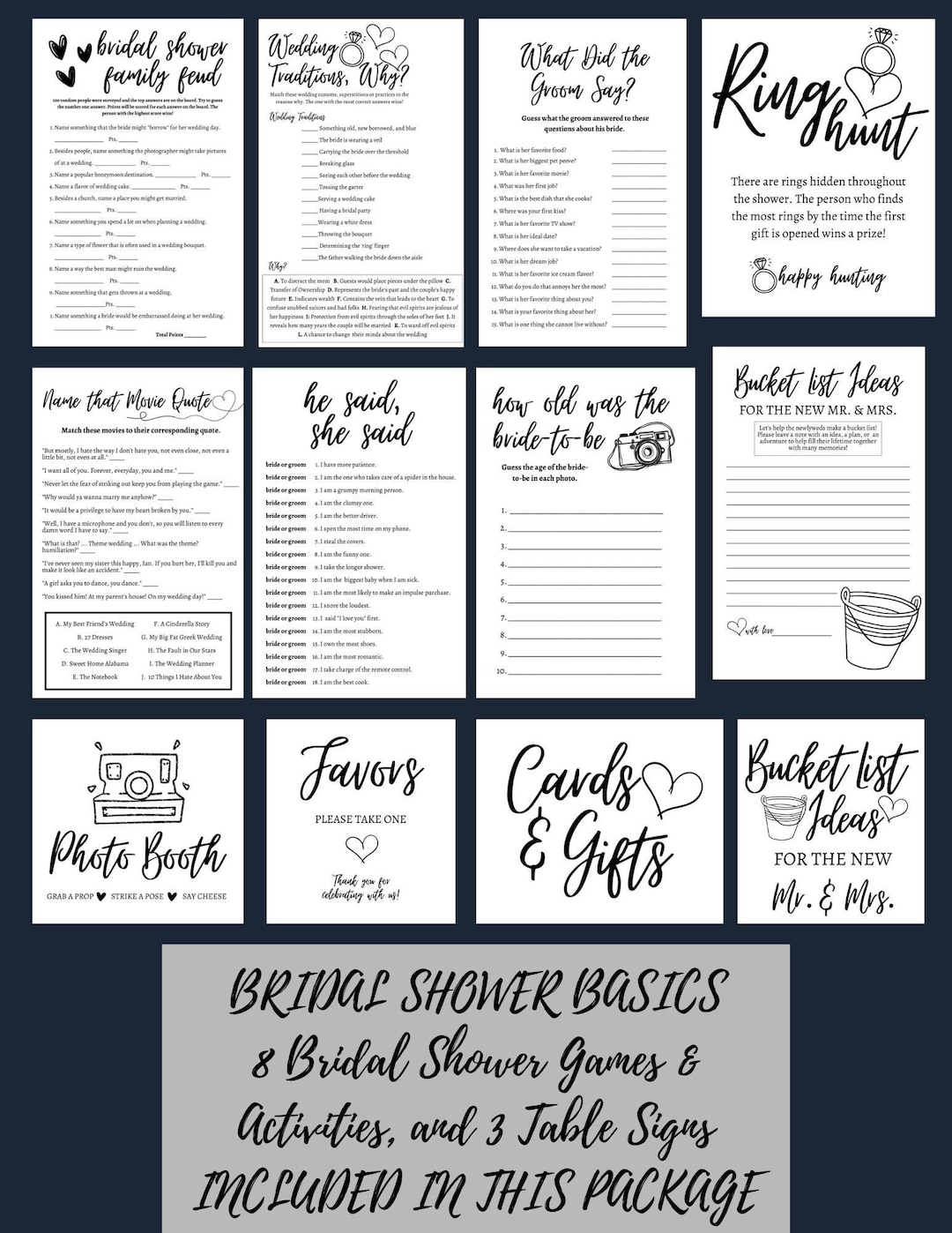 BRIDAL SHOWER BASICS Package, Table Signs, 8 Bridal Shower Games ...