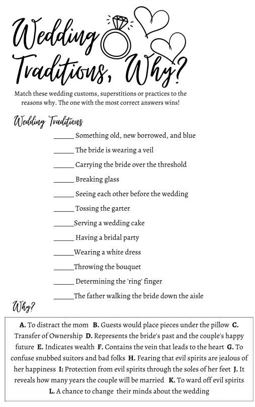 Wedding Traditions, Why Matching Bridal Shower/party Game, Game Sheets ...