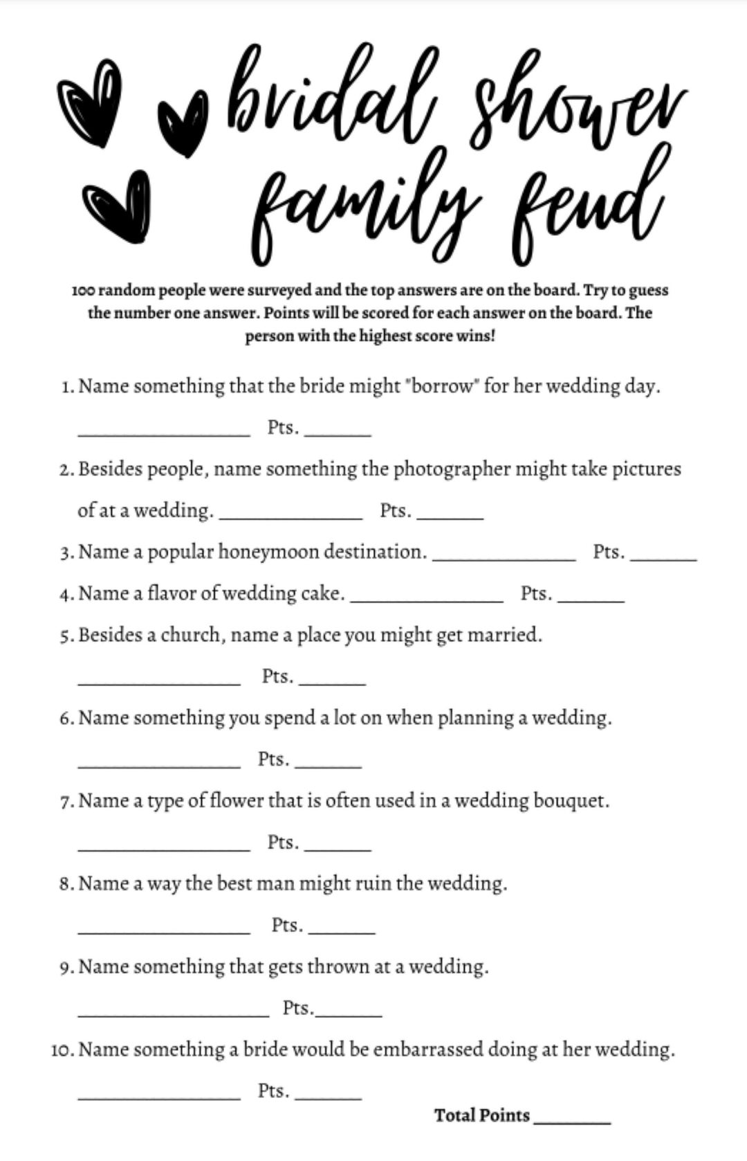 Bridal Shower Family Feud Shower/party Game, Printable Game Sheets ...