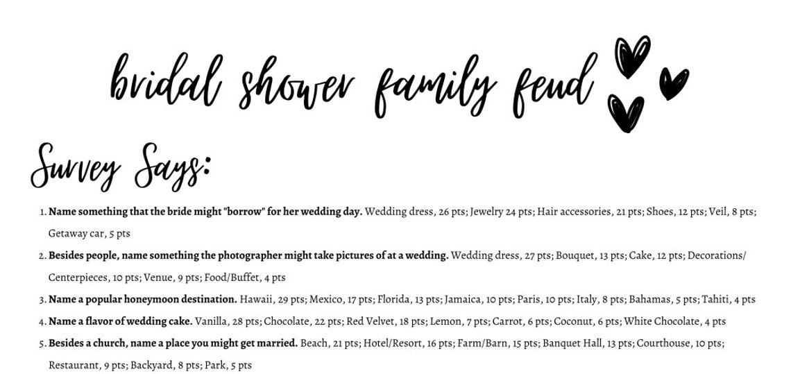 Bridal Shower Family Feud Shower/party Game, Printable Game Sheets ...