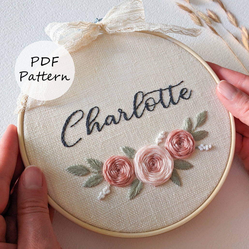 Pink Roses Embroidery Pattern: Custom Name Floral Design 6" Hoop (PDF ...