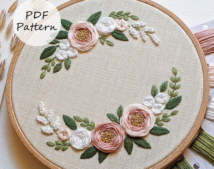 Blooming Wreath Hand Embroidery Pattern, Flower Design, Flower Pattern ...