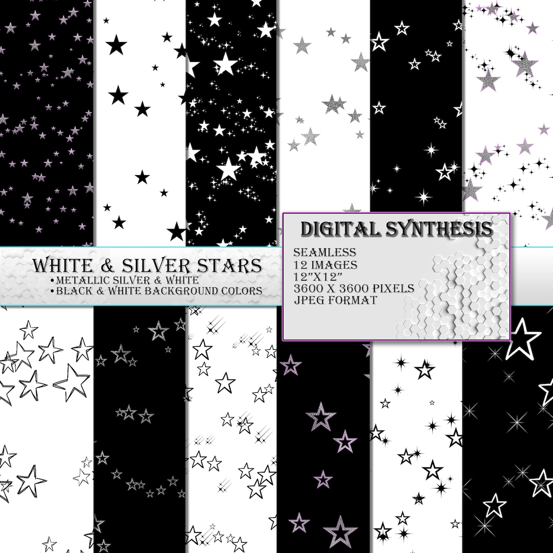 Black & Silver White Stars, Seamless Digital Papers With Black and ...