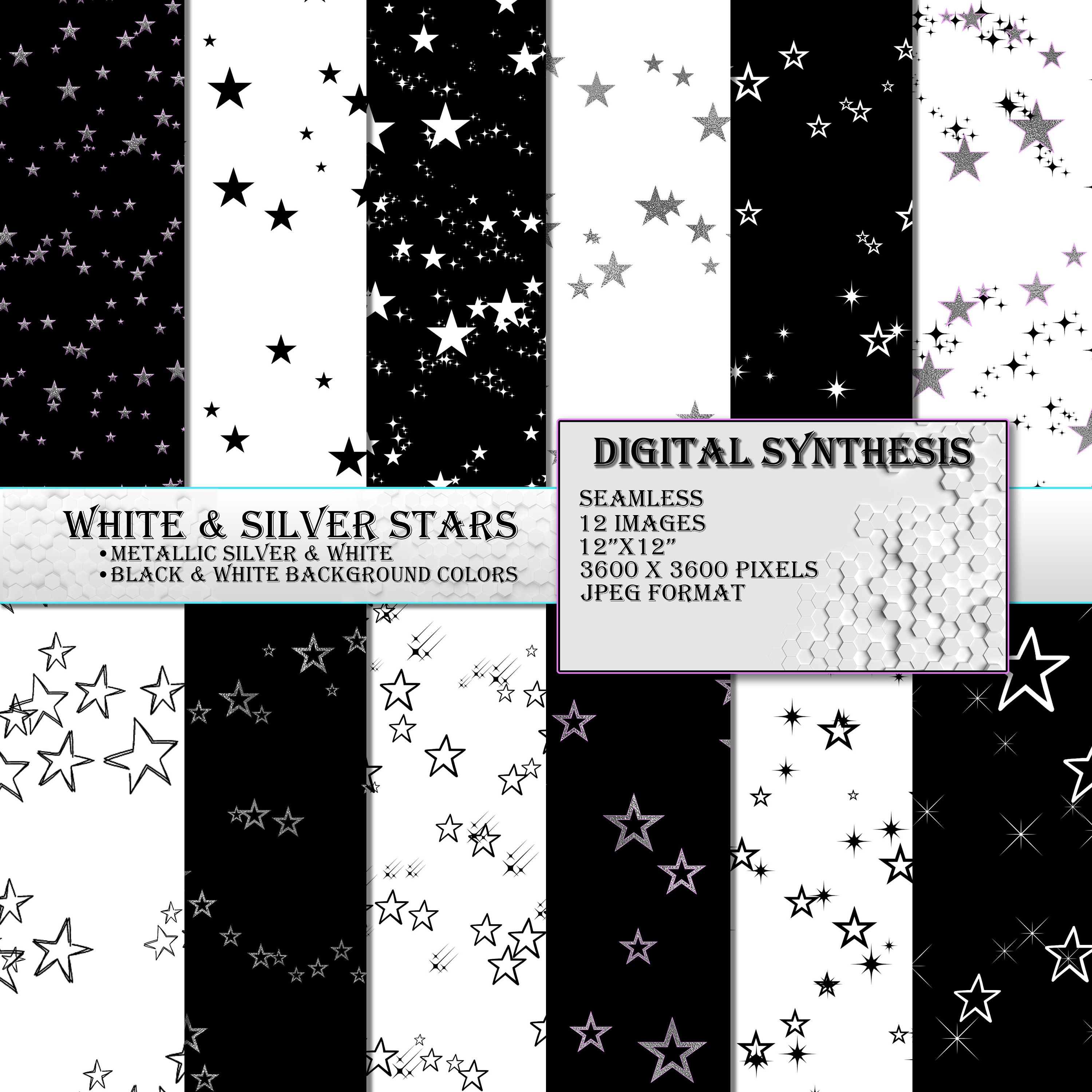 Black & Silver White Stars, Seamless Digital Papers With Black and ...