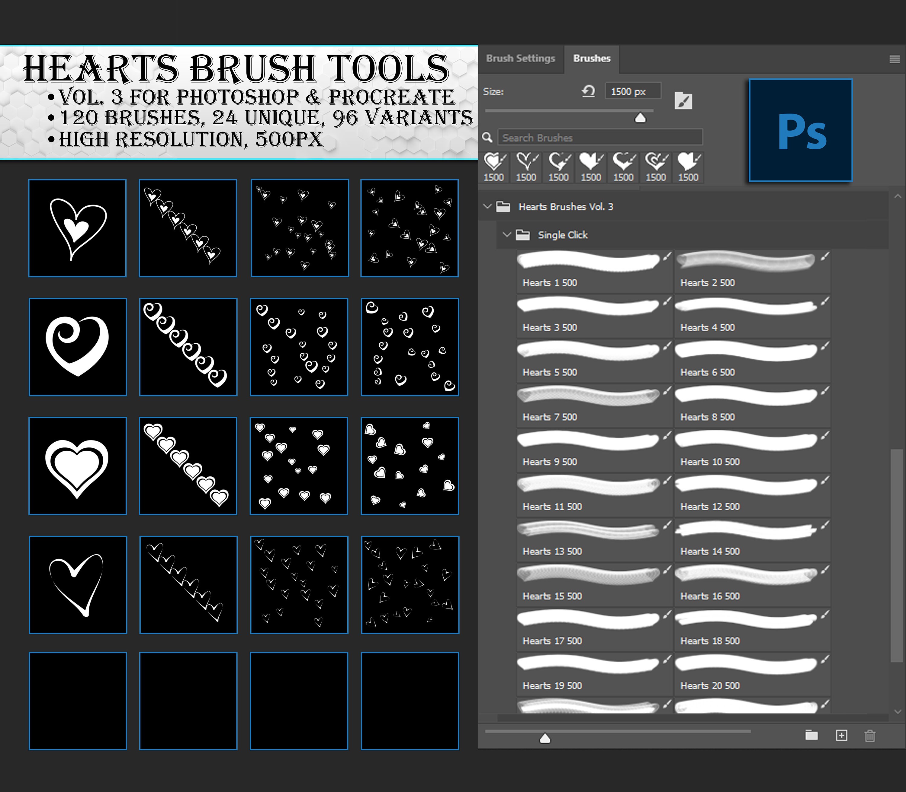120 HEARTS BRUSH TOOLS for Photoshop, Volume 3 - Design Tools, Presets ...