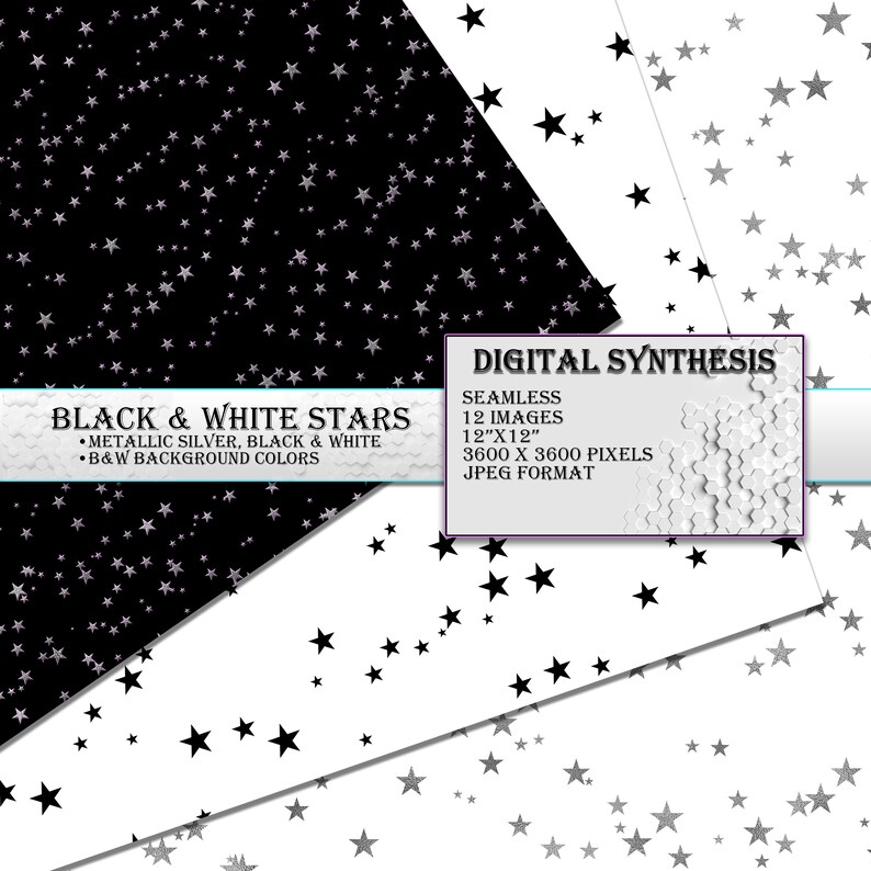 Black & Silver White Stars, Seamless Digital Papers With Black and ...