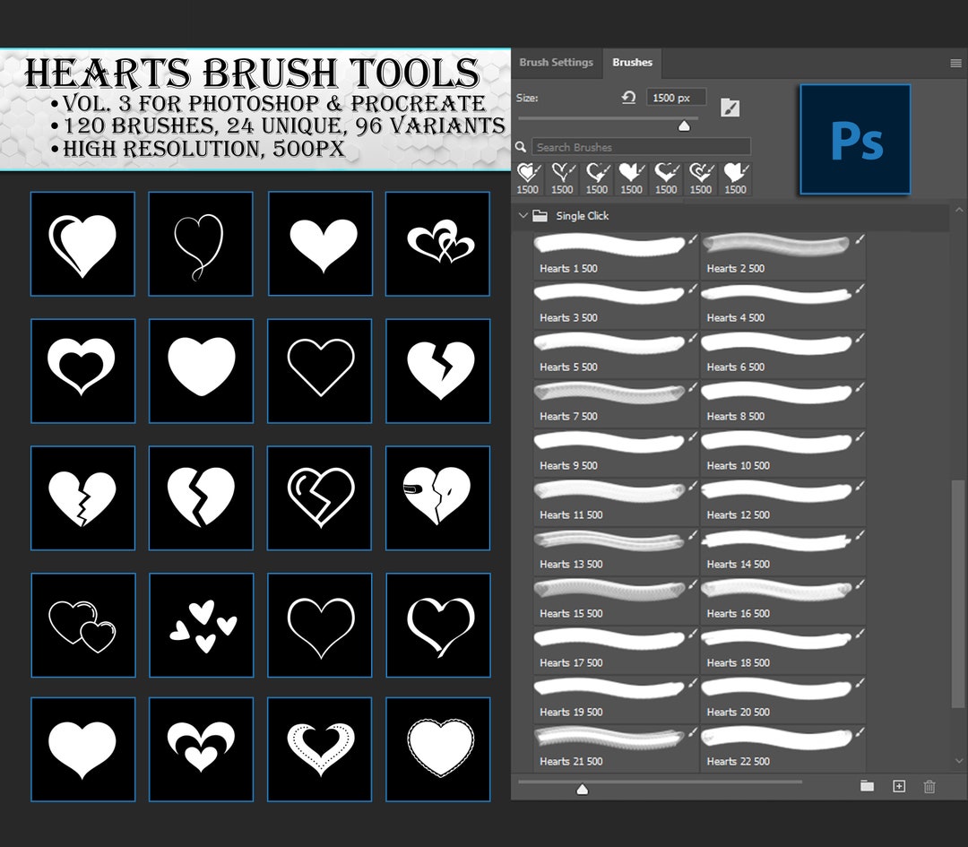 120 HEARTS BRUSH TOOLS for Photoshop, Volume 3 - Design Tools, Presets ...