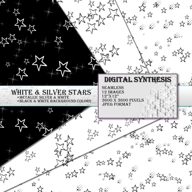 Black & Silver White Stars, Seamless Digital Papers With Black and ...