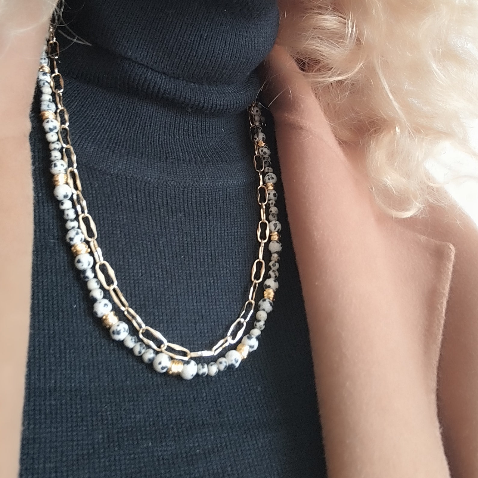 Collar Doble, Jaspe Dálmata, Collar Moderno, Collar Con Cadena, Cadenas ...