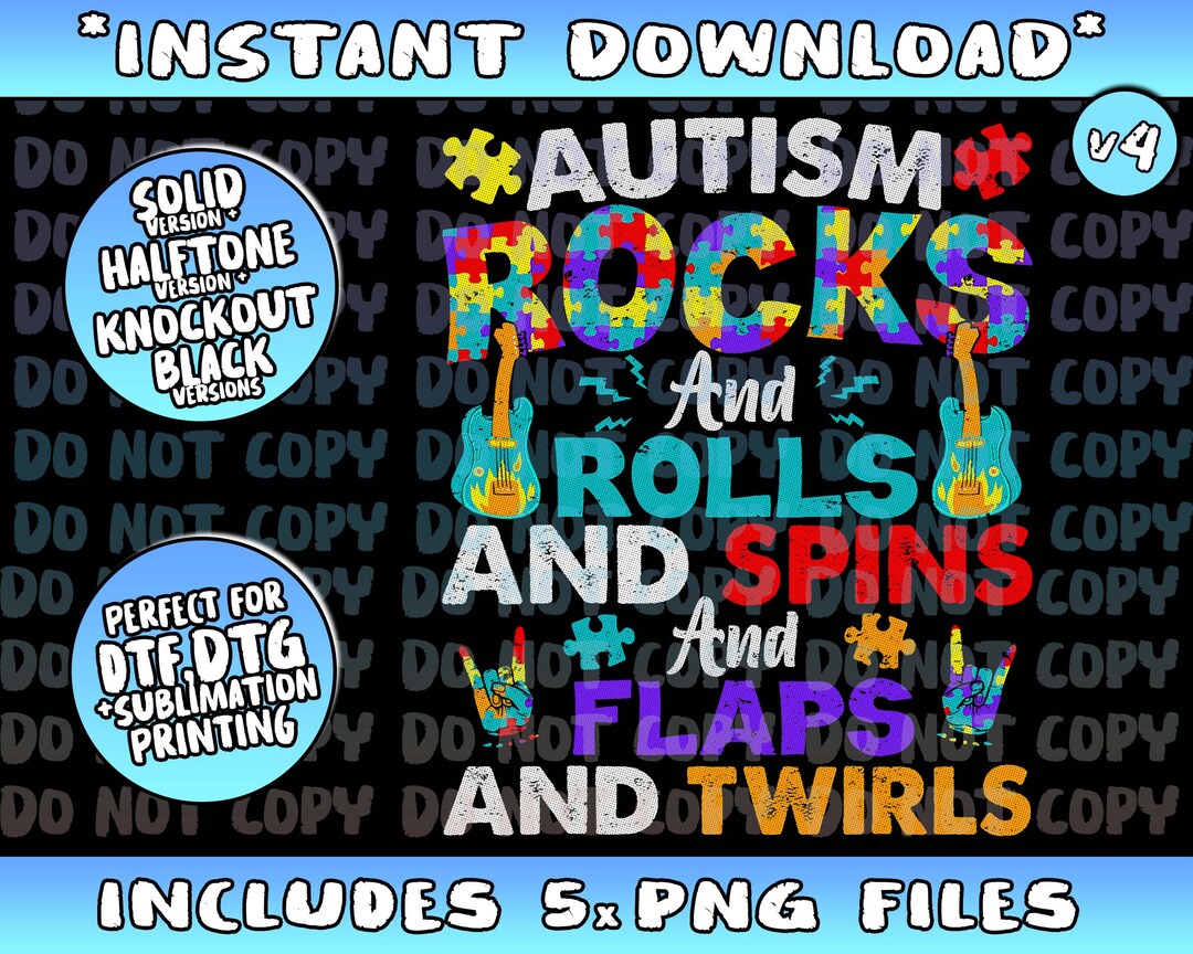 Autism Rocks and Rolls Funny Autism Awareness Month Png Bundle ...