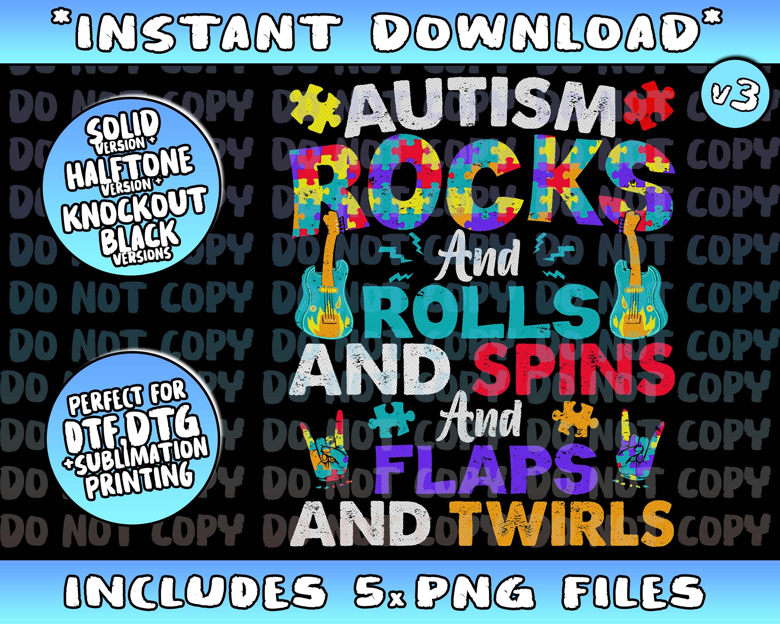 Autism Rocks and Rolls Funny Autism Awareness Month Png Bundle ...