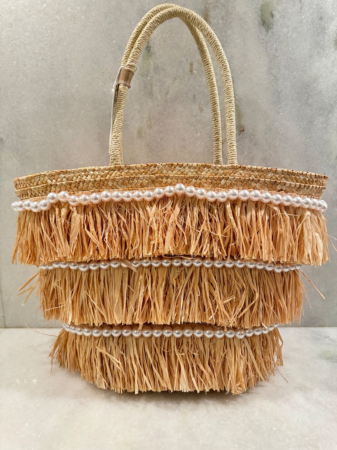 Urban Expressions Shakira Fringe Double Handle Straw Raffia Pearl ...