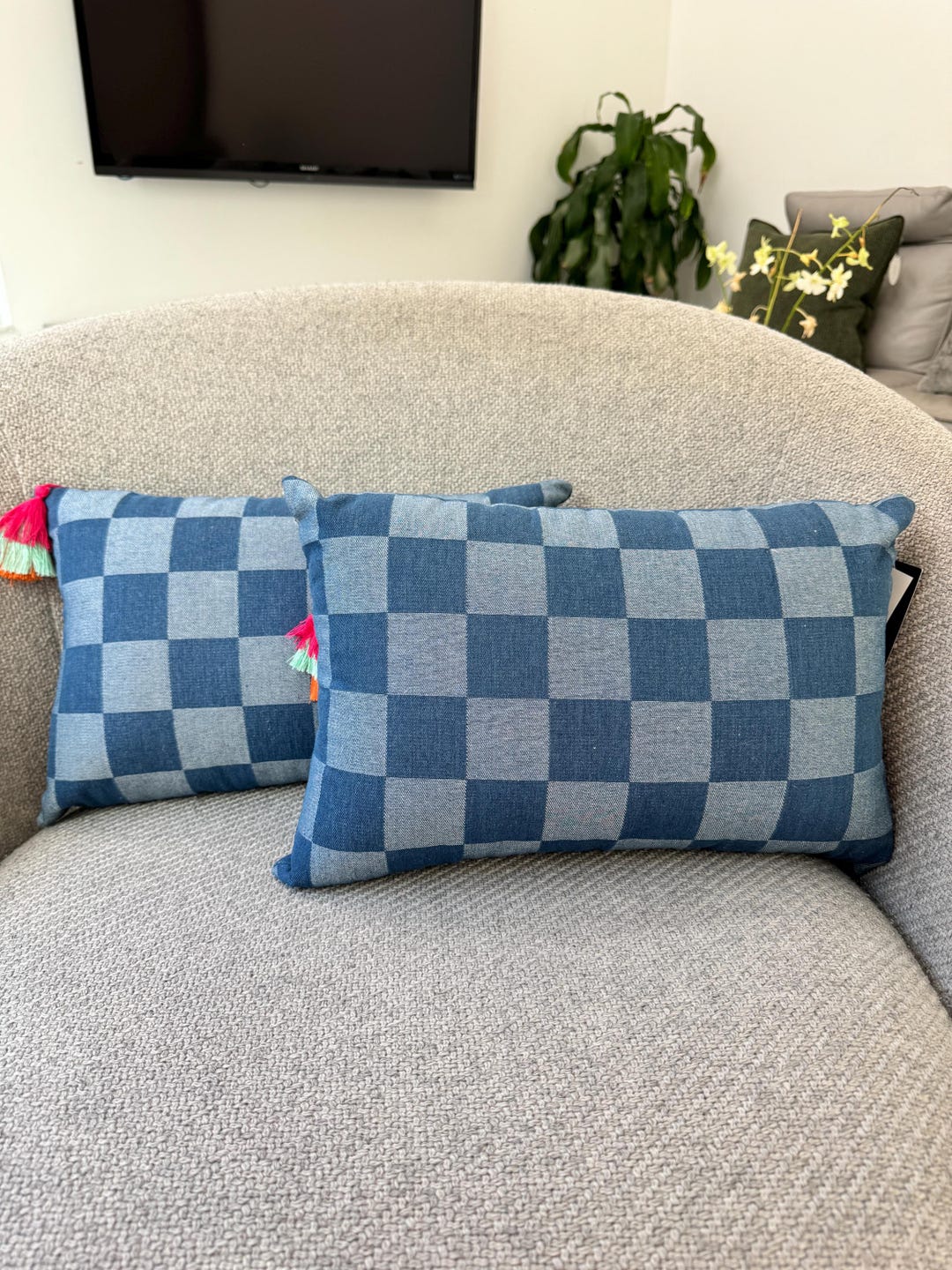Max Studio Home Dark Light Blue Denim Checkered Cushion Luxury ...