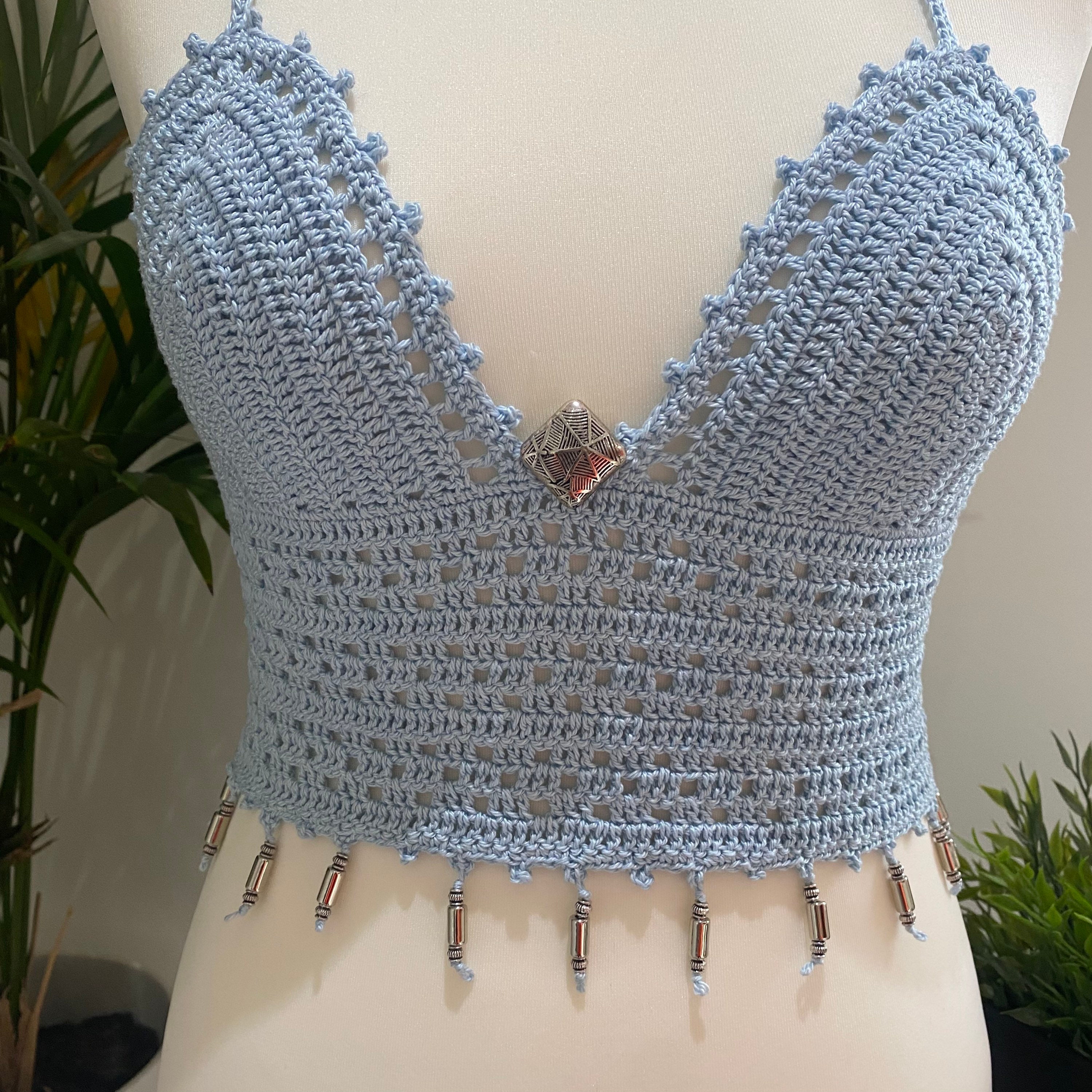 Pastel Blue Longline Crochet Bralette Crop Top With Adjustable Tie Back ...