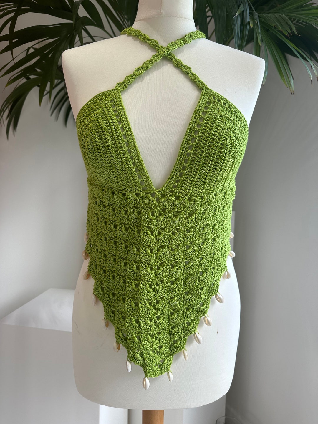 Green Longline V Shaped Crochet Bralette Crop Top With Adjustable Tie ...