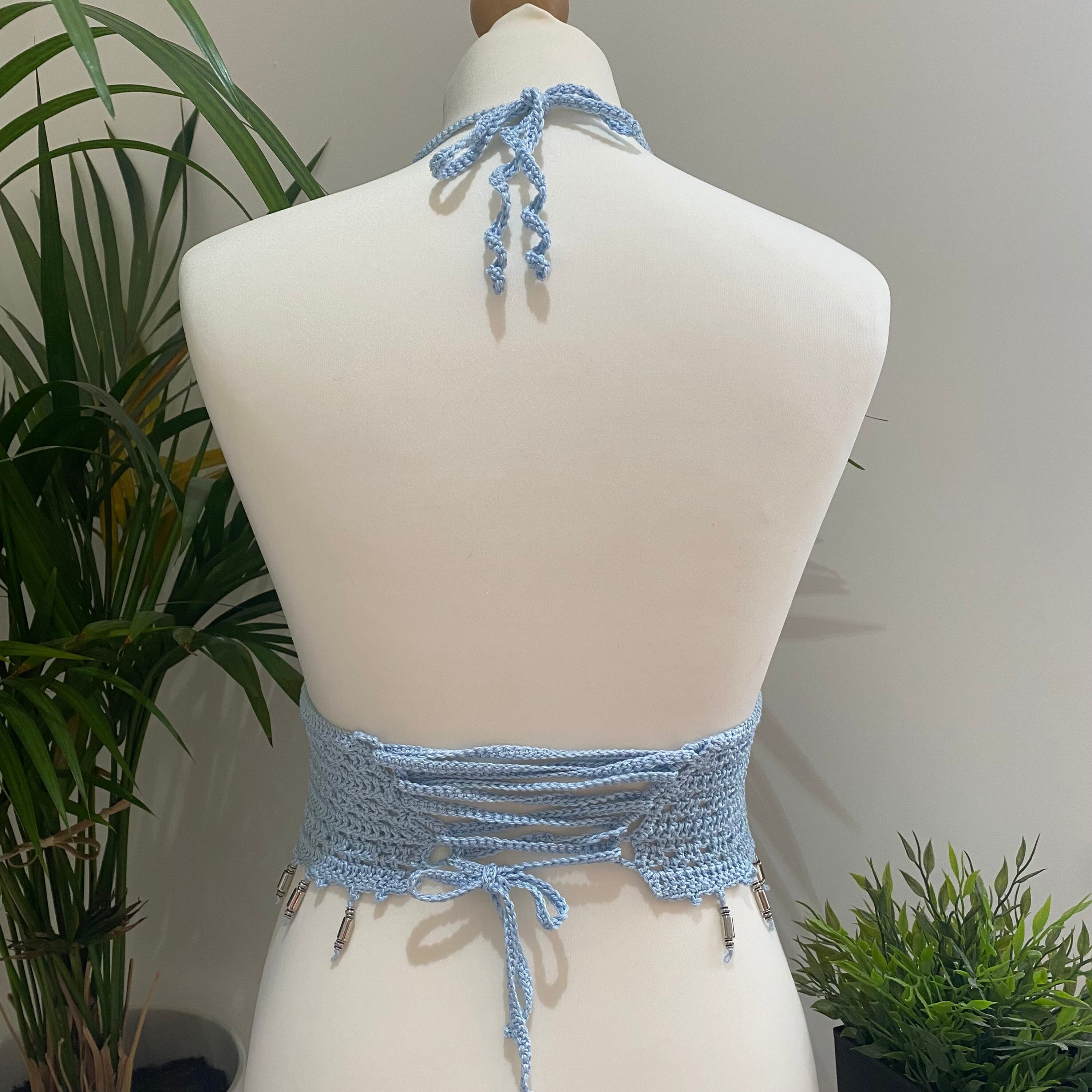 Pastel Blue Longline Crochet Bralette Crop Top With Adjustable Tie Back ...