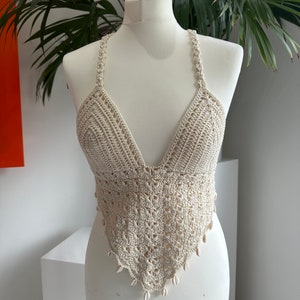 Beige Ecru Longline V Shaped Crochet Bralette Crop Top With Adjustable ...