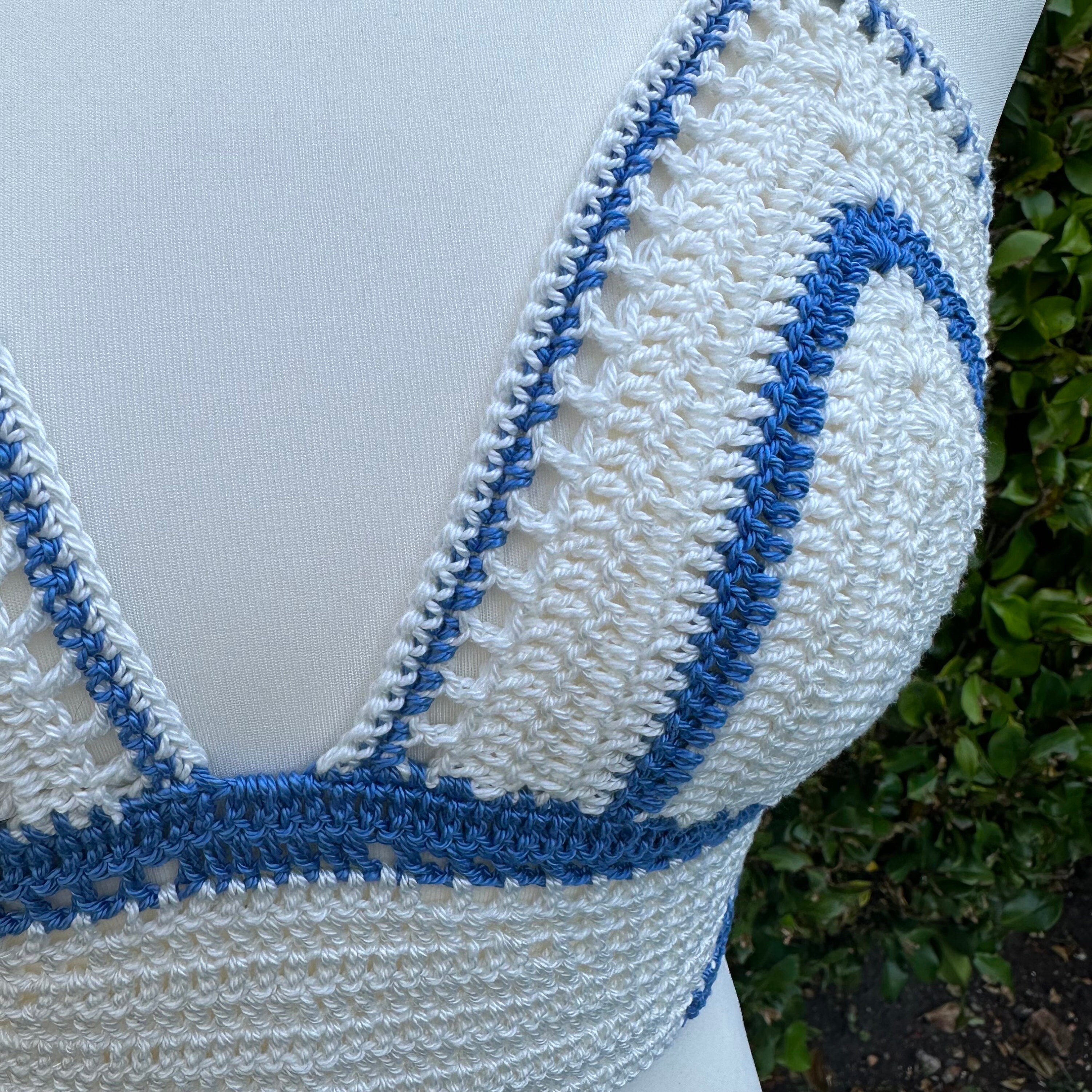 White and Blue Greek Inspired Longline Crochet Bralette Crop Top With ...