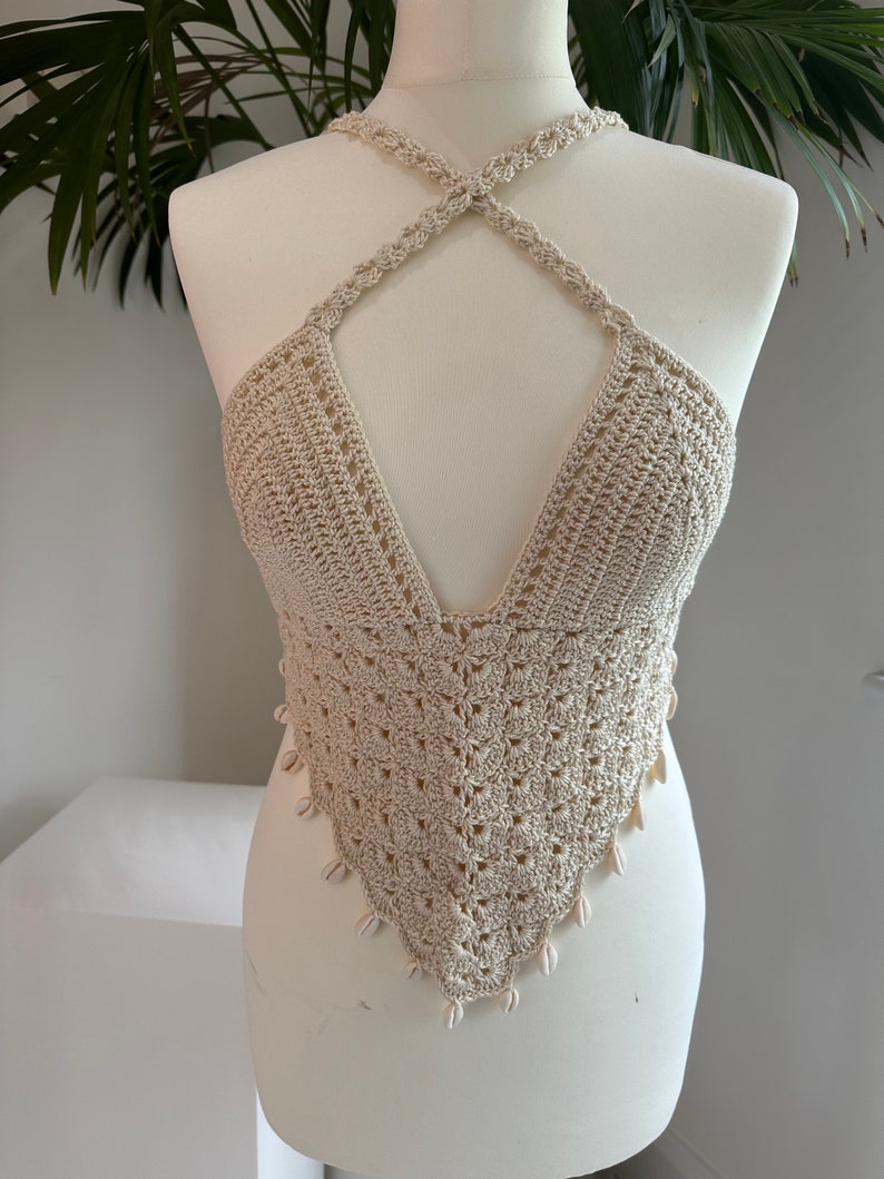Beige Ecru Longline V Shaped Crochet Bralette Crop Top With Adjustable ...