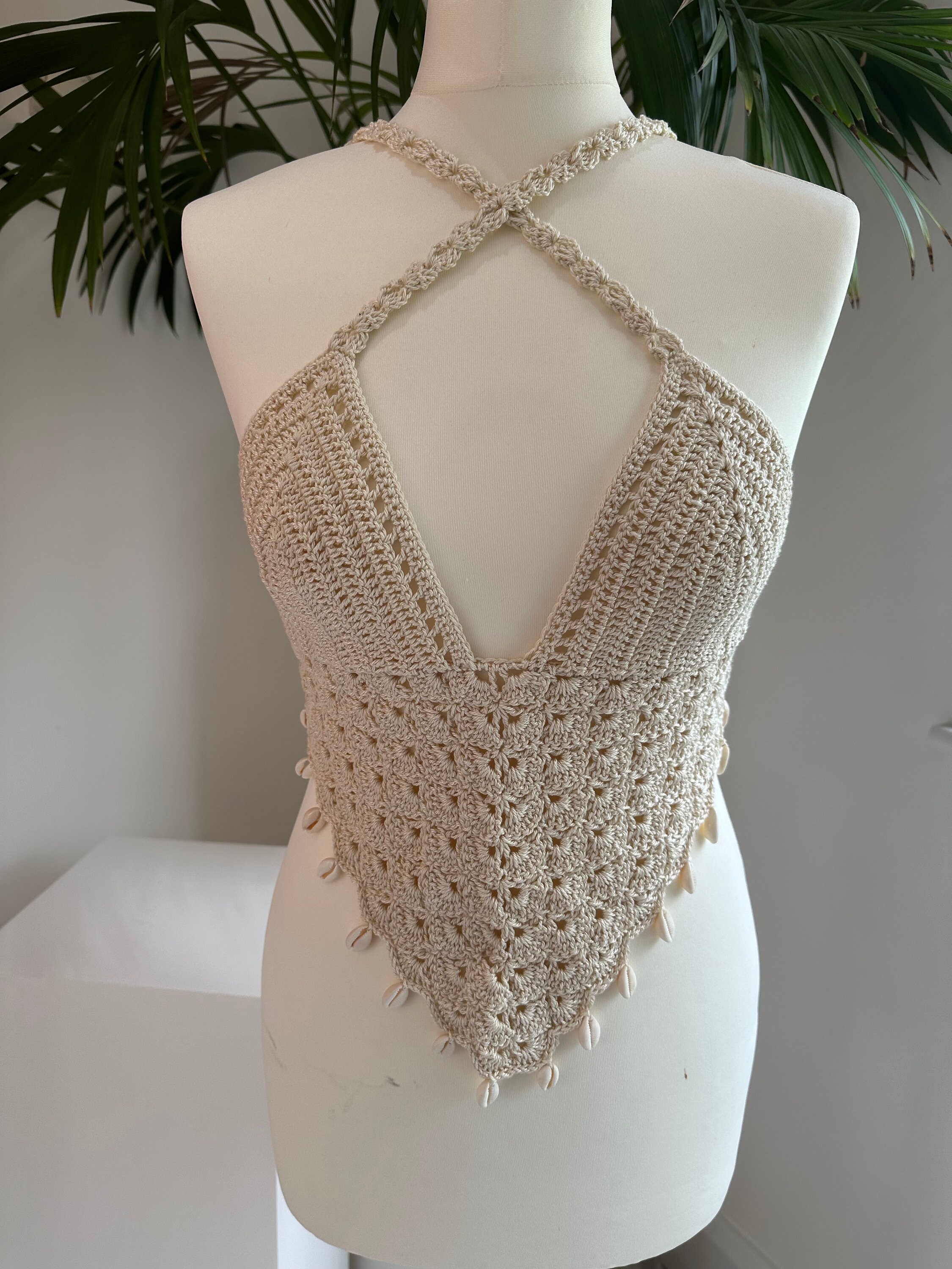 Beige Ecru Longline V Shaped Crochet Bralette Crop Top With Adjustable ...