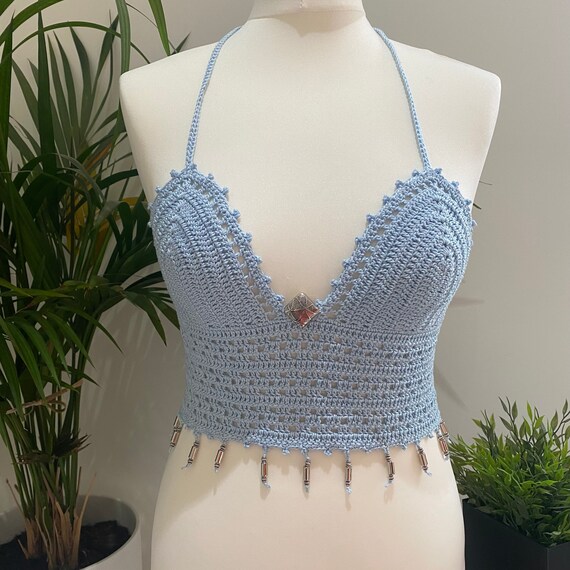 Pastel Blue Longline Crochet Bralette Crop Top With Adjustable - Etsy