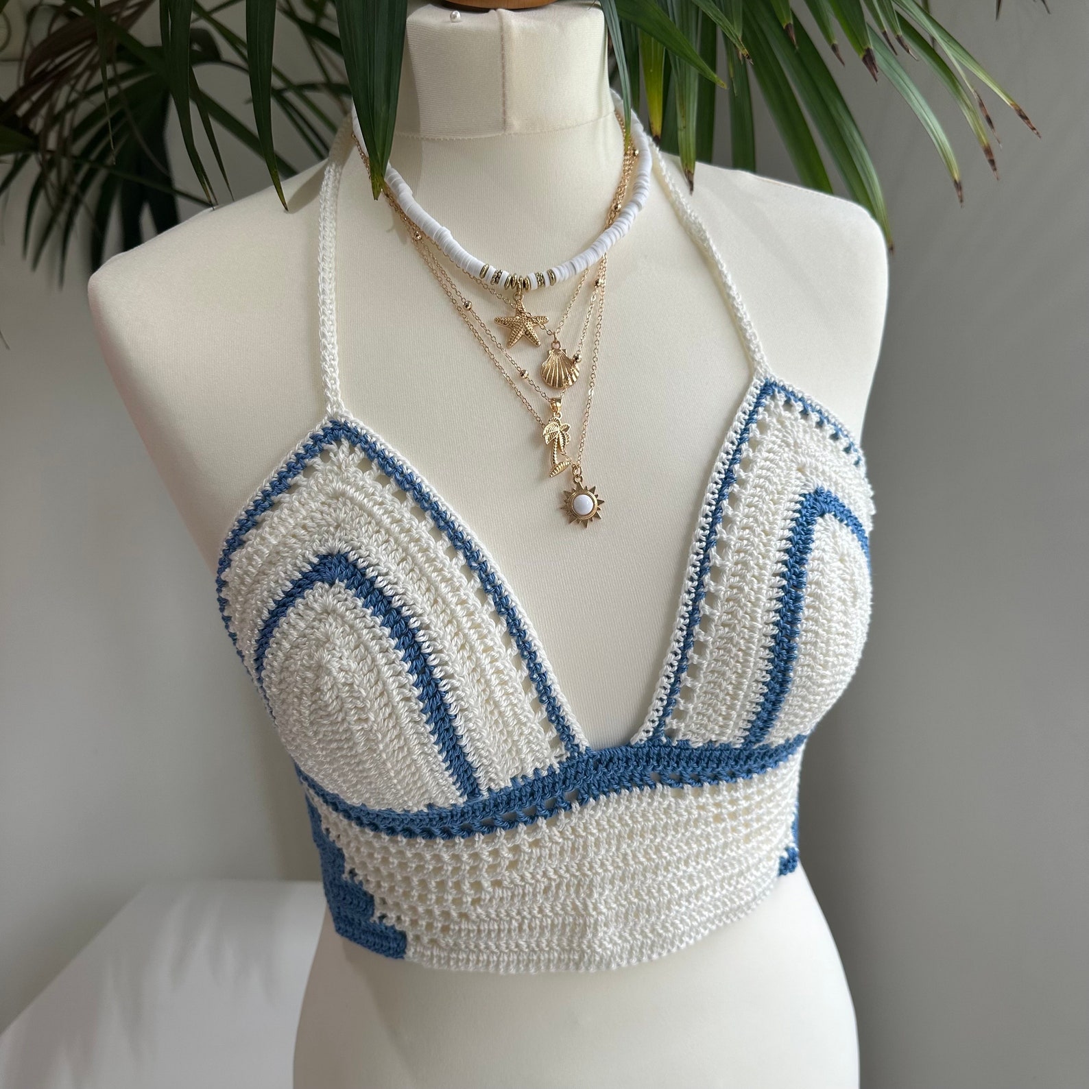 White and Blue Greek Inspired Longline Crochet Bralette Crop Top With ...