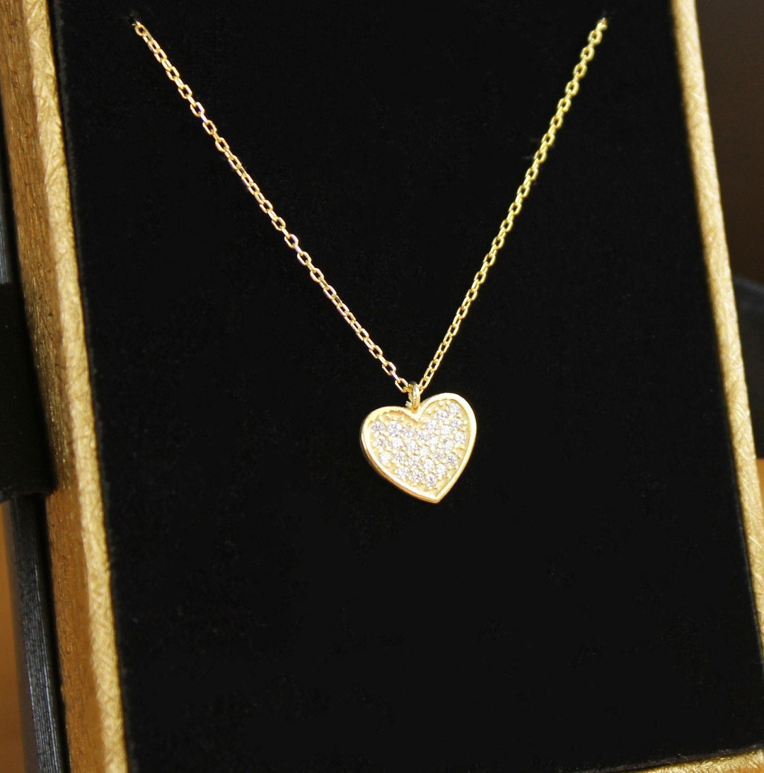 Dainty Heart Diamond Necklace,minimalist Pave Heart Necklace,sterling ...
