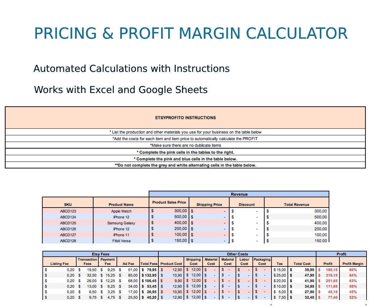 Etsy Fee and Profit Calculator for Excel & Google Sheets, Product ...
